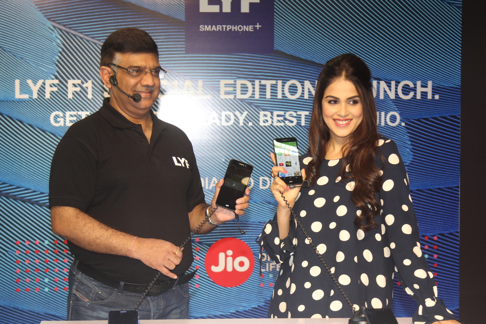 Genelia D'souza launches Reliance Jio special edition Lyf F1 smartphone ... Genelia D'souza launches Reliance Jio special edition Lyf F1 smartphone ...